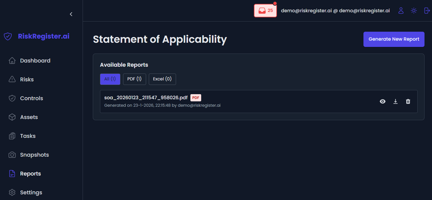 Instant Statement of Applicability Export - RiskRegister.ai